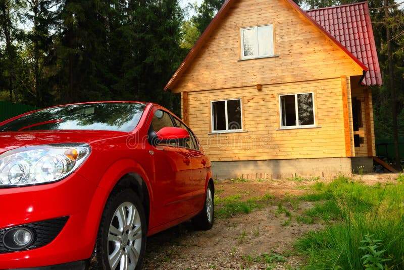 Modern Wooden House and the Red Car Stock Image - Image of apartment ...