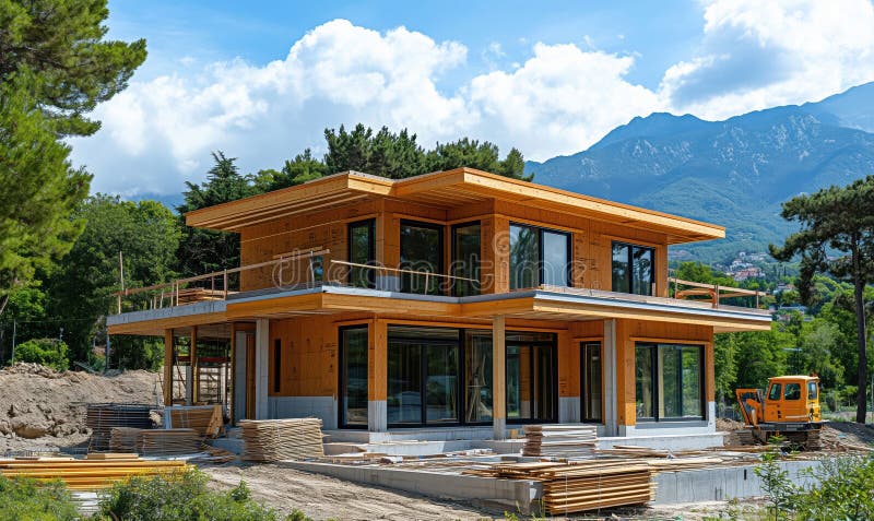 Modern Wooden House Under Construction Surrounded Nature Mountains ...