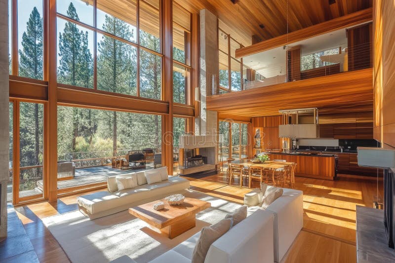 Modern Wooden Interior with Large Windows, Open Space, and Natural ...
