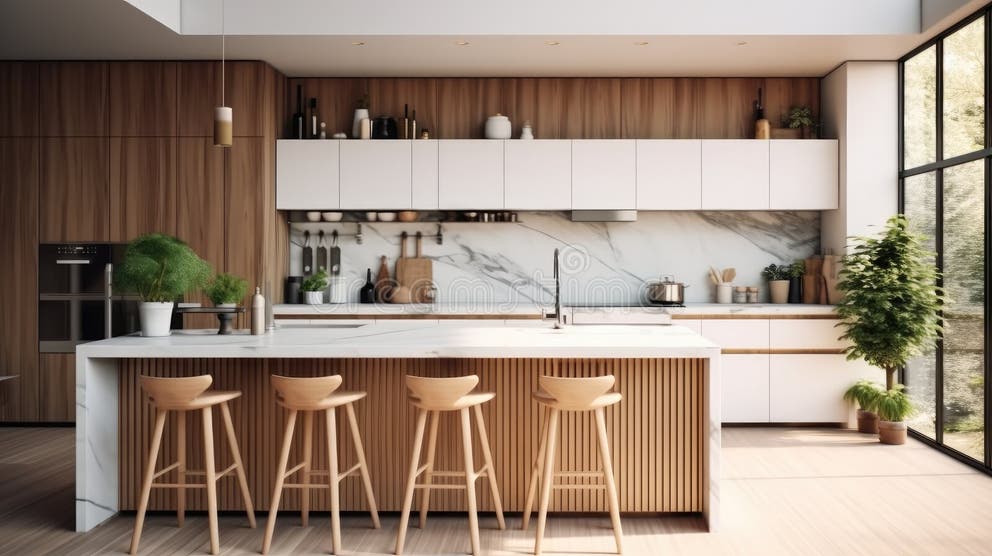 Modern and Wooden Kitchen Interior Design. Architecture Idea Stock ...