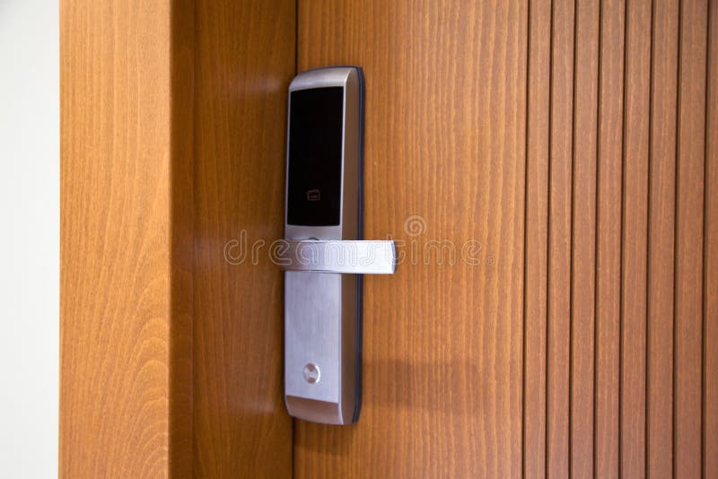 Modern Wooden Looking Steel Door, Electronic Security Lock System Stock ...