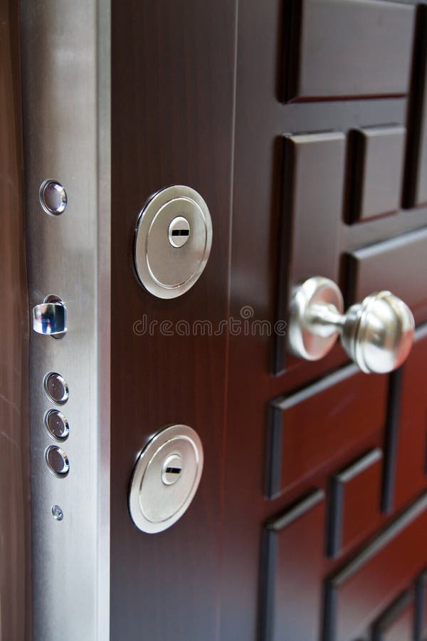 Modern Wooden Looking Steel Door, Security Lock System Stock Photo ...