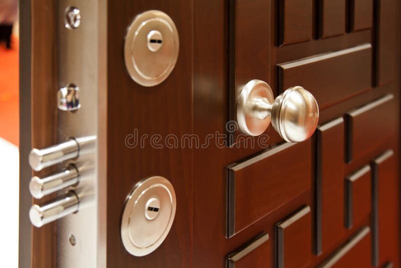 Modern Wooden Looking Steel Door, Security Lock System Stock Image ...