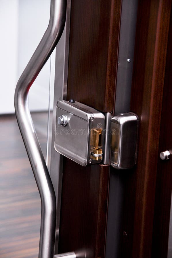 Modern Wooden Looking Steel Door, Security Lock System Stock Image ...