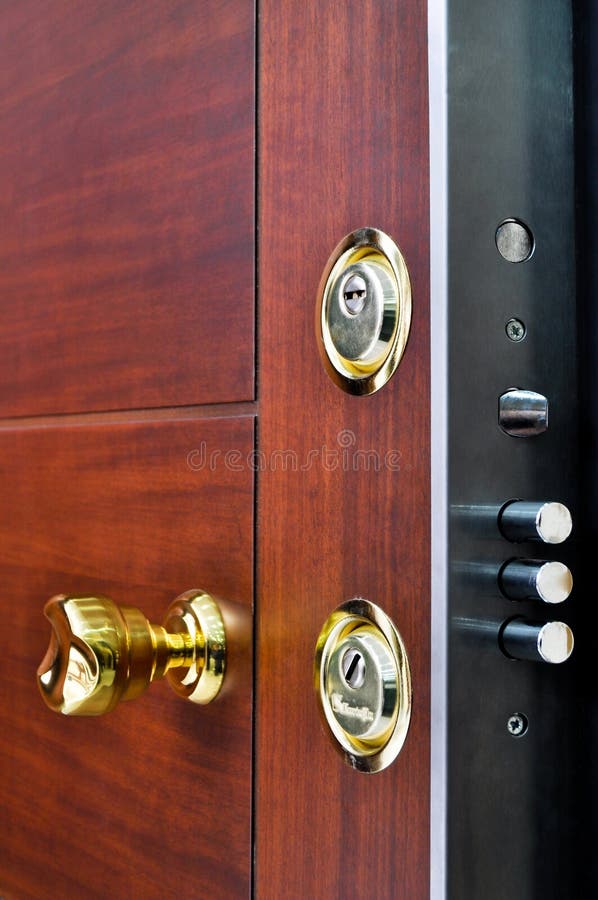 Modern Wooden Looking Steel Door, Security Lock System Stock Image ...