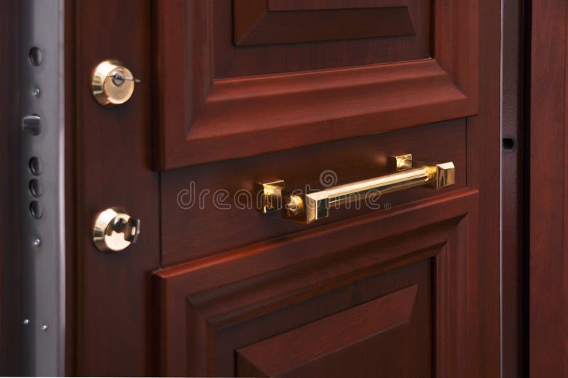 Modern Wooden Looking Steel Door, Security Lock System Stock Image ...