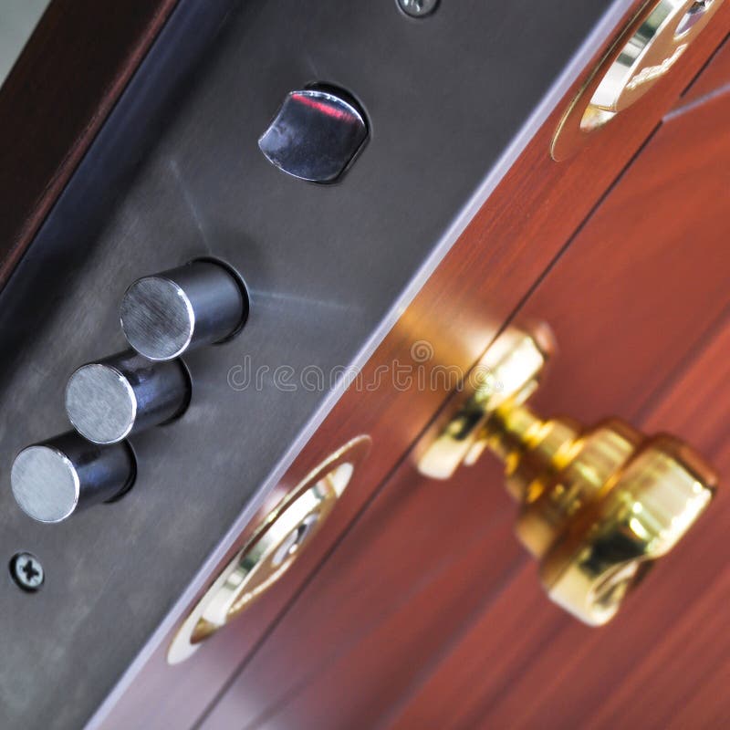 Modern Wooden Looking Steel Door, Security Lock System Stock Photo ...