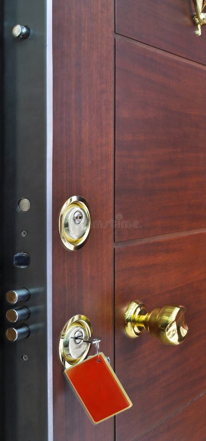 Modern Wooden Looking Steel Door, Security Lock System Stock Image ...