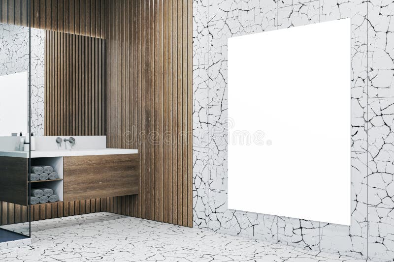 Modern Wooden and Marble Tile Bathroom Interior with Empty White Mock ...