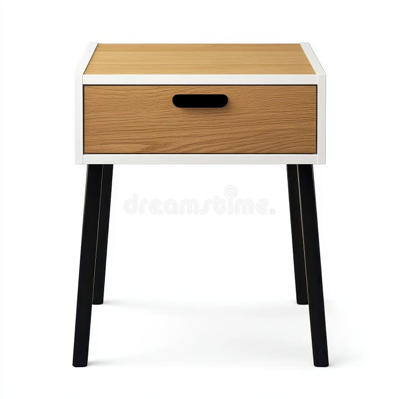 A Modern Wooden Nightstand with a Single Drawer and Black Legs Stock ...
