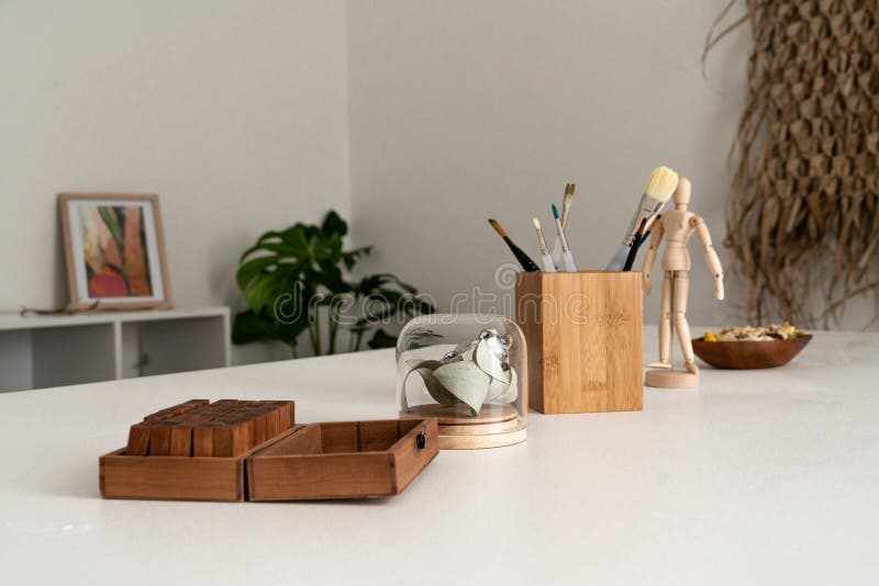 Modern Wooden Objects in a White Workspace Stock Photo - Image of ...