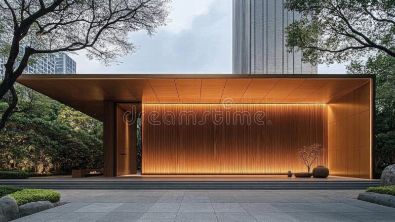 Modern Wooden Pavilion with Warm Evening Lighting Stock Illustration ...