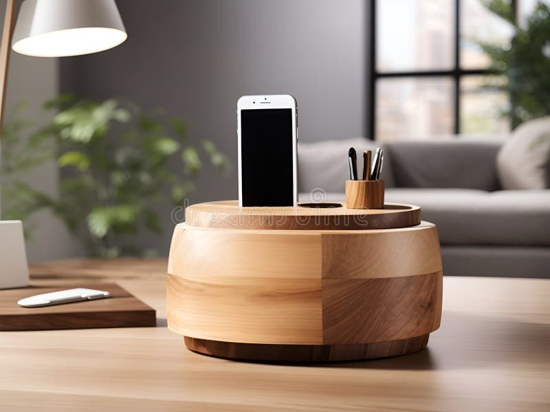Modern Wooden Phone Stand with Organizer and Wireless Charging Mockup ...