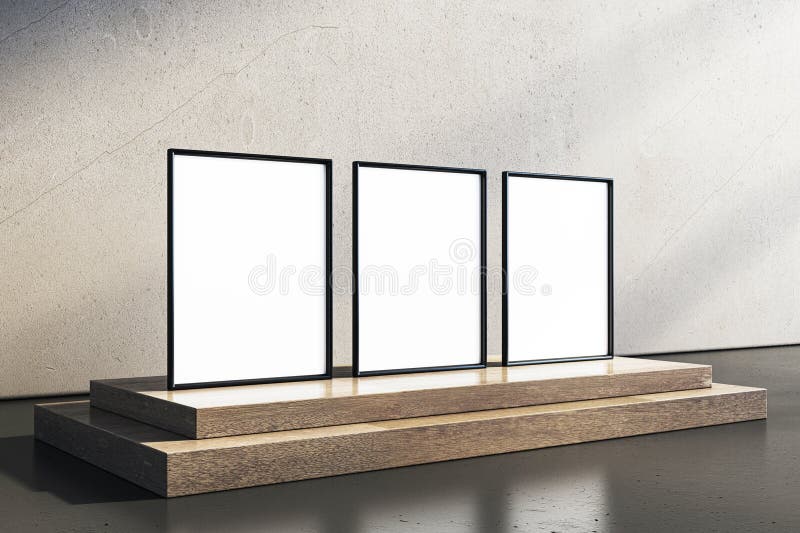 Modern Wooden Podium with Three Blank Frames on Display Against a ...