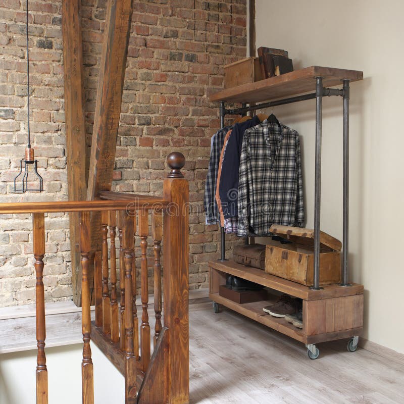 Modern Wooden Rack in the Loft Interior Stock Image - Image of room ...