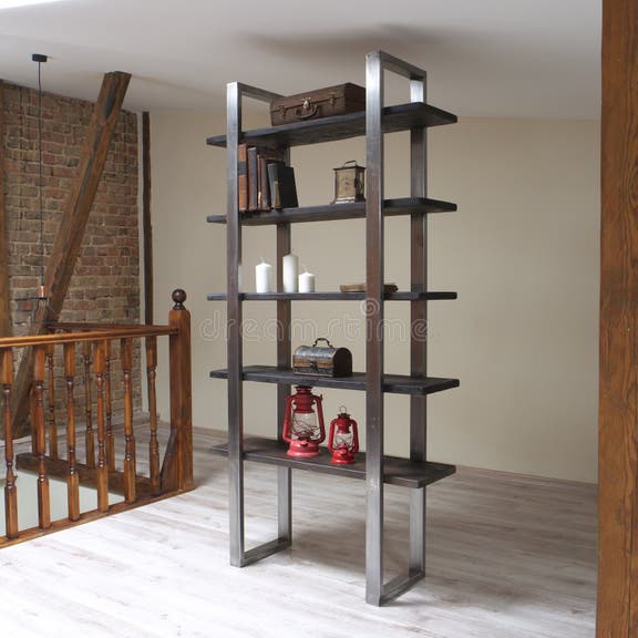 Modern Wooden Rack in the Loft Interior Stock Photo - Image of book ...