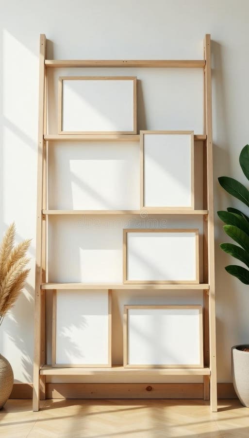Modern Wooden Rack with Several Empty Frames, Neutral Backdrop , Simple ...