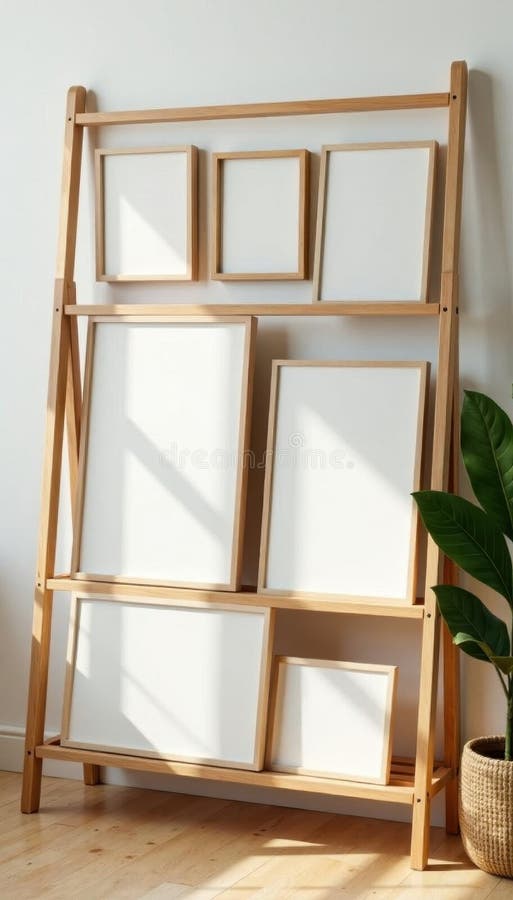 Modern Wooden Rack with Several Empty Frames, Neutral Backdrop , Wood ...
