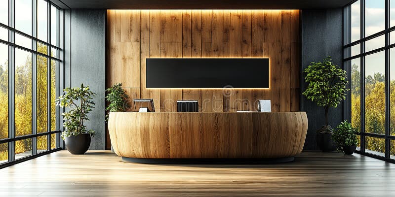 Modern Wooden Reception Area with Large Windows and Greenery in a ...