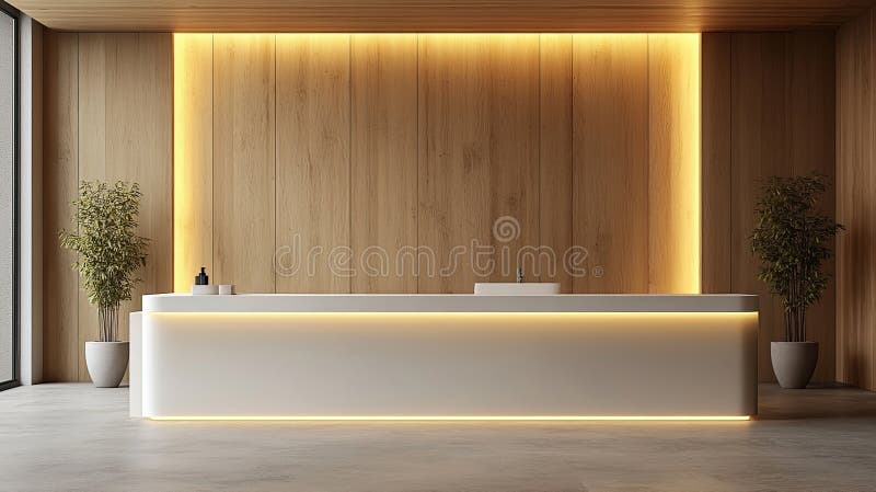 Modern Wooden Reception Desk in Minimalist Lobby Stock Illustration ...