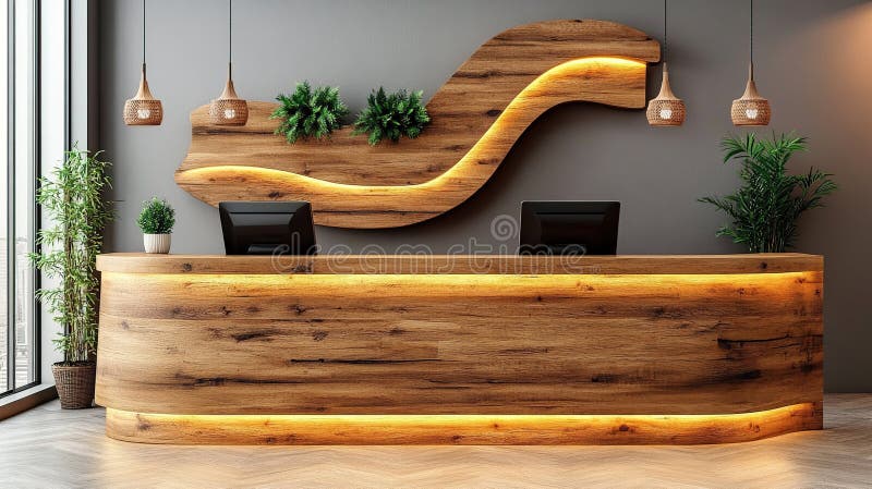 Modern Wooden Reception Desk, Plants, City View Stock Image - Image of ...