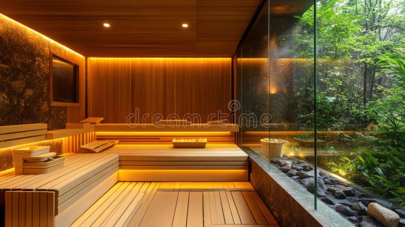 Modern Wooden Sauna with Large Window and Stone Surroundings Stock ...
