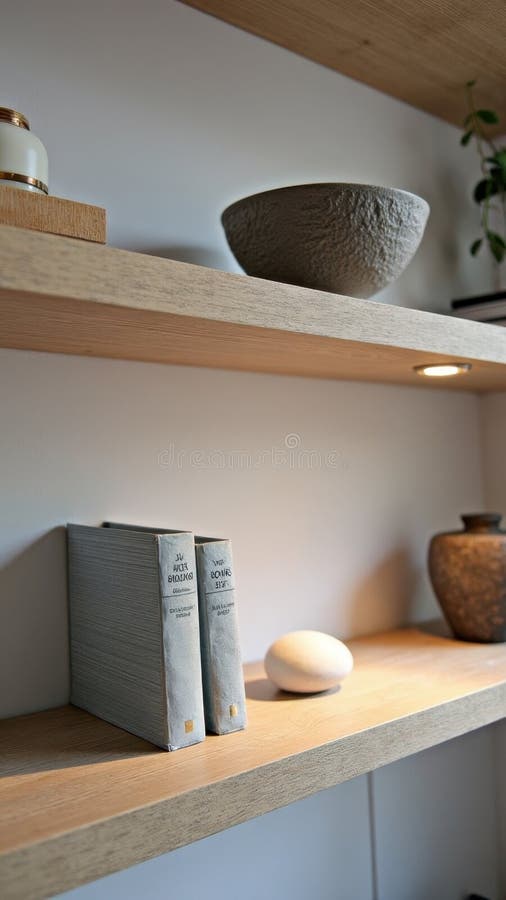 Modern Wooden Shelving with Books and Decorative Items in Soft Light ...