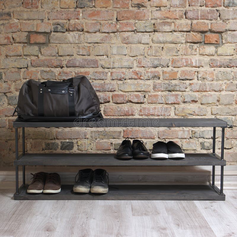 Modern Wooden Shoe Rack in the Loft Interior Stock Photo - Image of ...