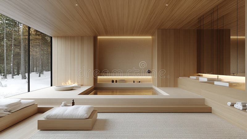 Modern Wooden Spa with Forest View Stock Image - Image of decor ...