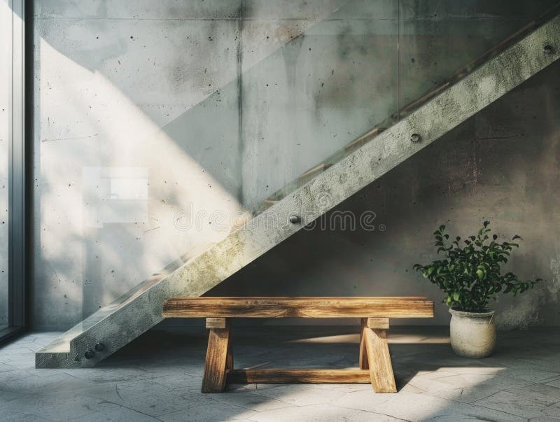 Modern Wooden Staircase and Bench in Rustic Industrial Space Stock ...