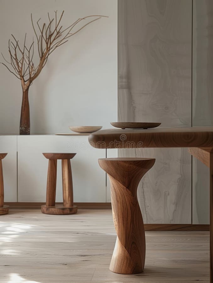 Modern Wooden Stools and Table in a Minimalist Home Interior. Stock ...