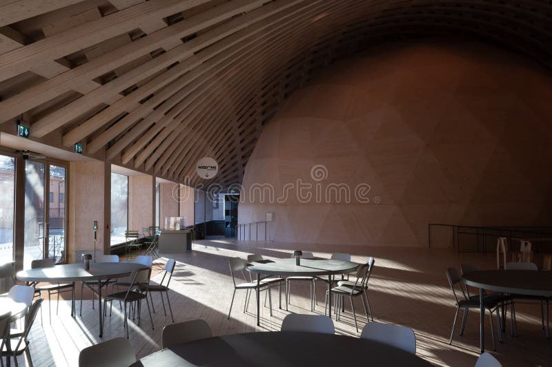 Modern Wooden Structure with Round Tables and Chairs, Featuring Natural ...