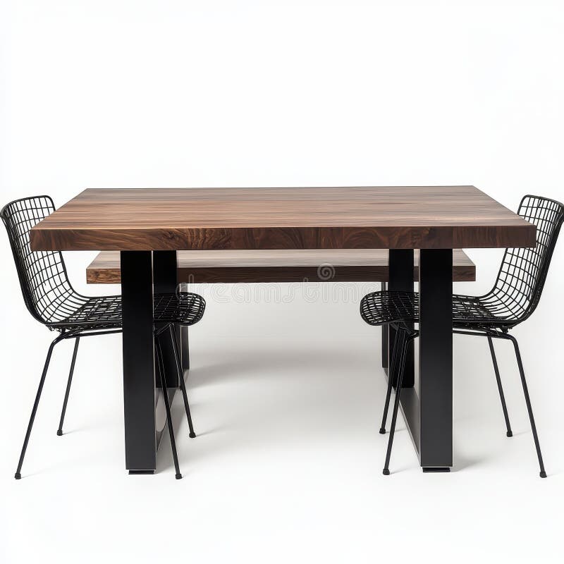 A Modern Wooden Table with Black Wire Chairs, Designed for Dining or ...