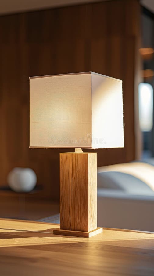 Modern Wooden Table Lamp with a White Rectangular Shade in a Cozy ...