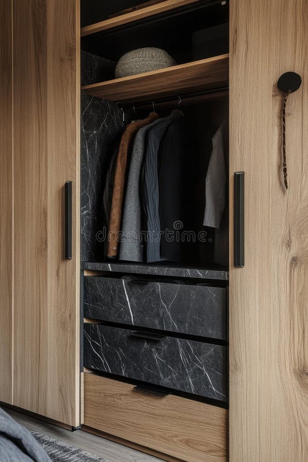 Modern Wooden Wardrobe with Elegant Marble Drawers Stock Illustration ...
