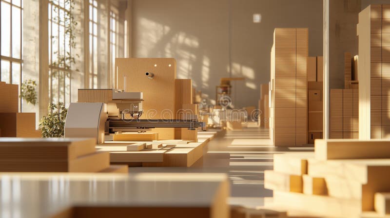 Modern Woodworking Workshop Featuring Machines and Stacked Materials ...