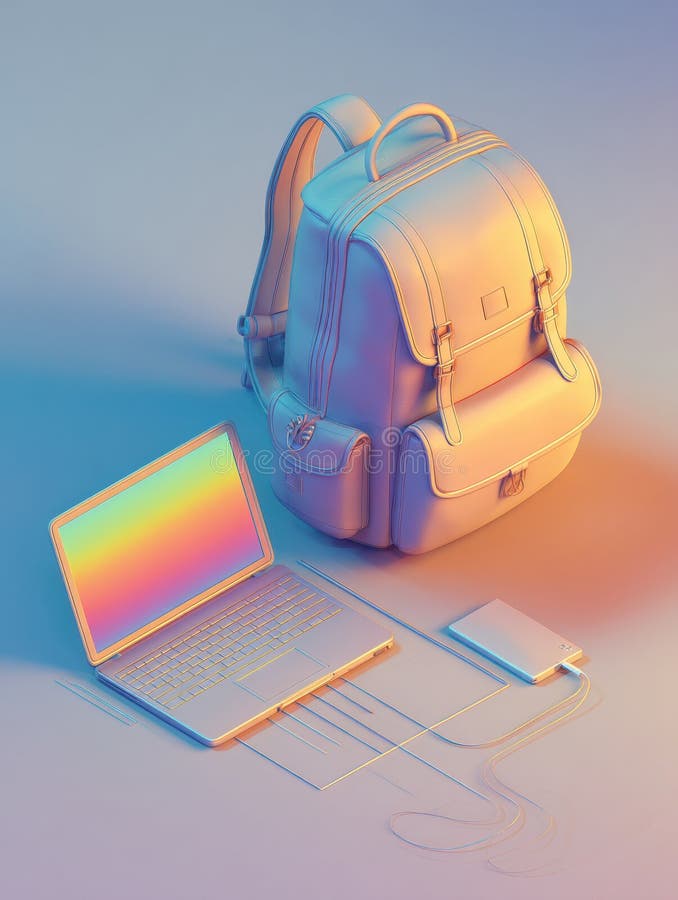 Modern Work-from-Anywhere Setup Featuring Backpack and Laptop with Creative Design Elements on a ...