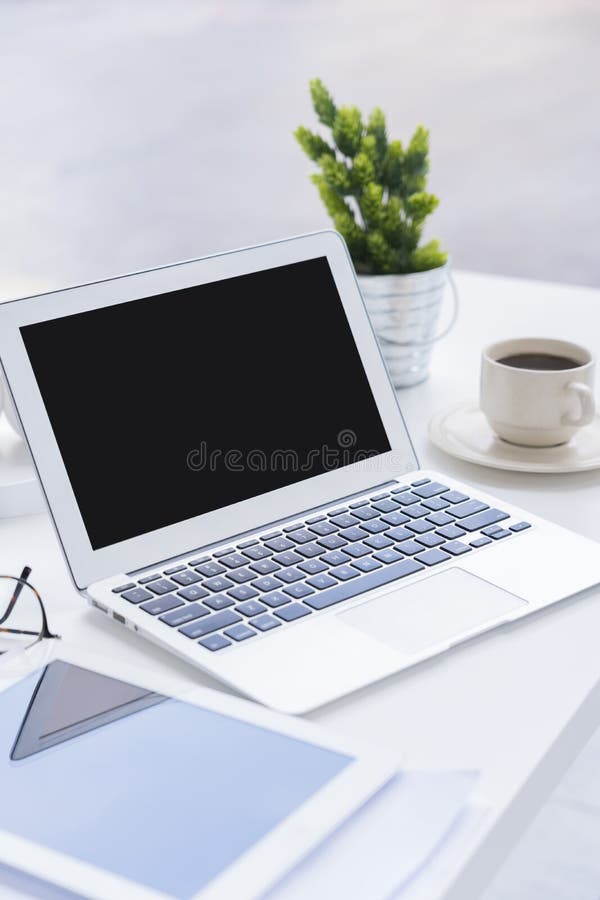 Modern work desk stock photo. Image of drink, keyboard - 183362976