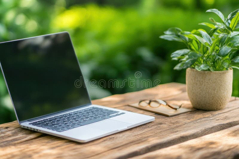 Modern Work Desk with Laptop and Plant Creates Serene Workspace Stock ...