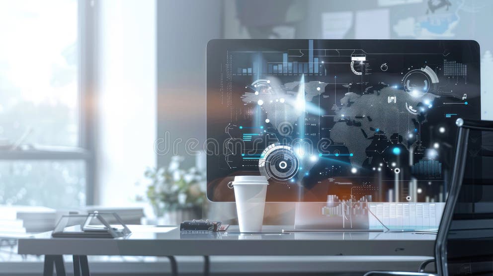 Modern Work Desk Setup with Futuristic Digital Holographic Interface on ...