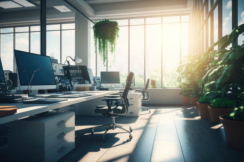 Modern Work Environment with Plants Bright Sunny Interior Shot with ...