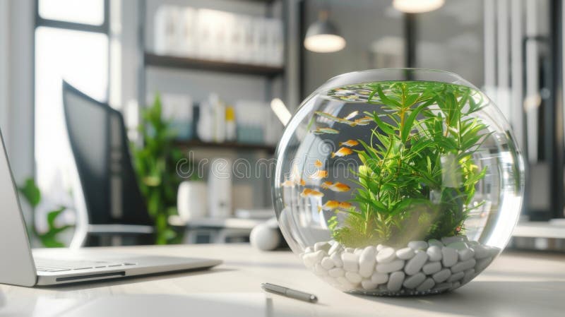 A Modern Work Environment with a Sleek Planted Fish Bowl Adding a Touch ...
