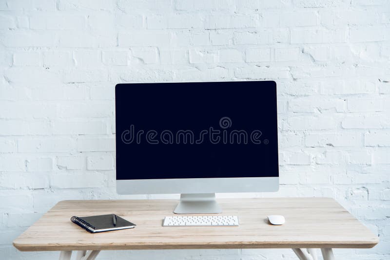 Modern Work Space with Computer Screen and Keyboard Stock Photo - Image ...
