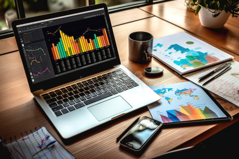 A Modern Work Space Desk with a Laptop Generative AI Stock Illustration - Illustration of design ...