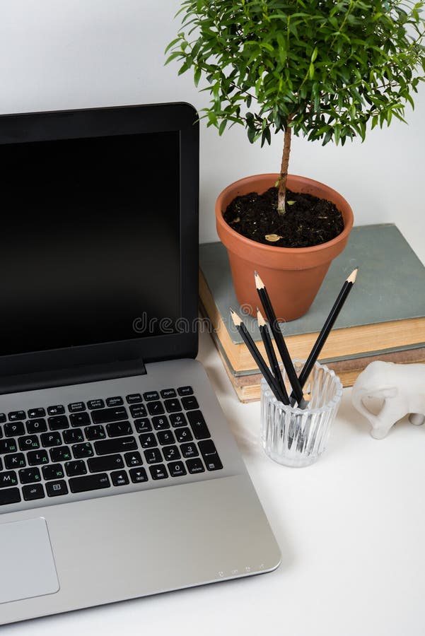 Modern Work Space with Laptop and Office Objects Stock Image - Image of ...