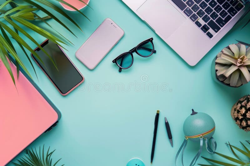 Modern Work Space with Laptop, Smartphone, Glasses, and Greenery on ...