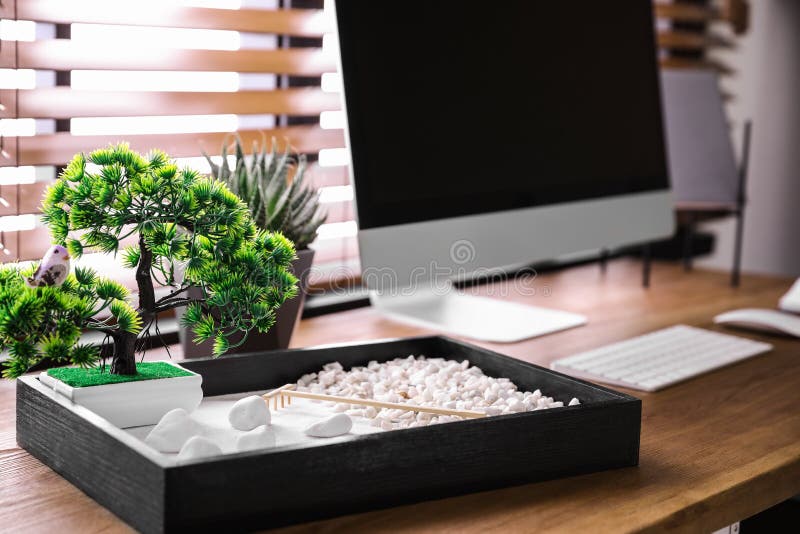 Modern Workplace with Miniature Zen Garden and Computer in Room Stock ...