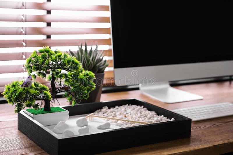 Modern Workplace with Beautiful Zen Garden and Computer in Room Stock ...