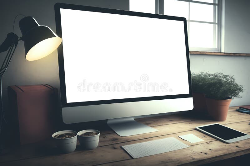 Modern Workplace Blank White Computer Screen Desk Stock Illustration ...