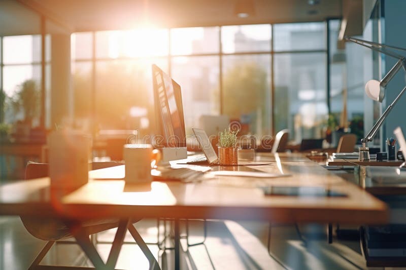Modern Workplace with Computer. Blurred Background of Office Interior ...